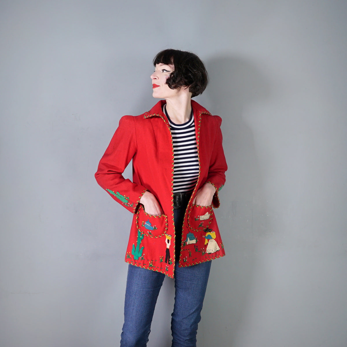 50s RED WOOL MEXICAN EMBROIDERED TOURIST JACKET WITH PUFF SLEEVE - S ...